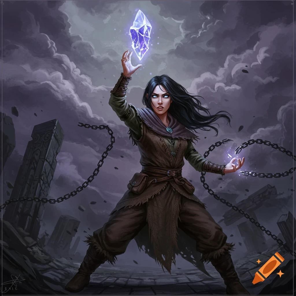 A dark fantasy illustration of a sorceress casting a spell with a ...