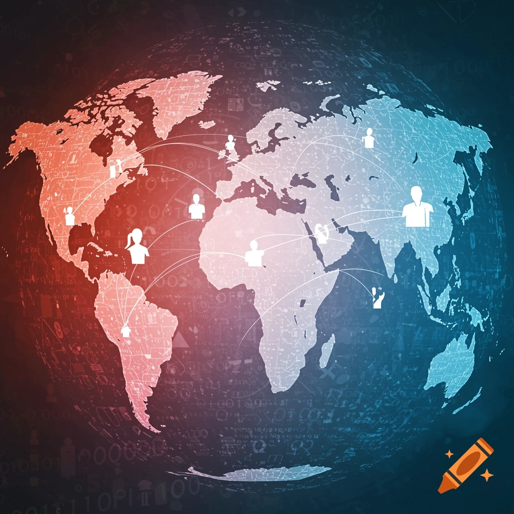 A vibrant world map with subtle overlays of digital communication lines ...