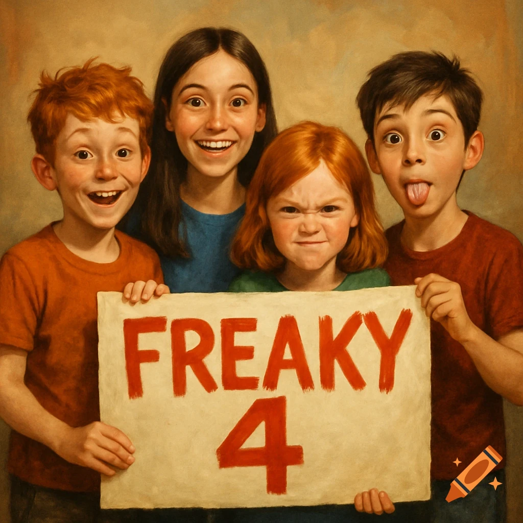 A painted portrait of four children, two boys and two girls, making ...