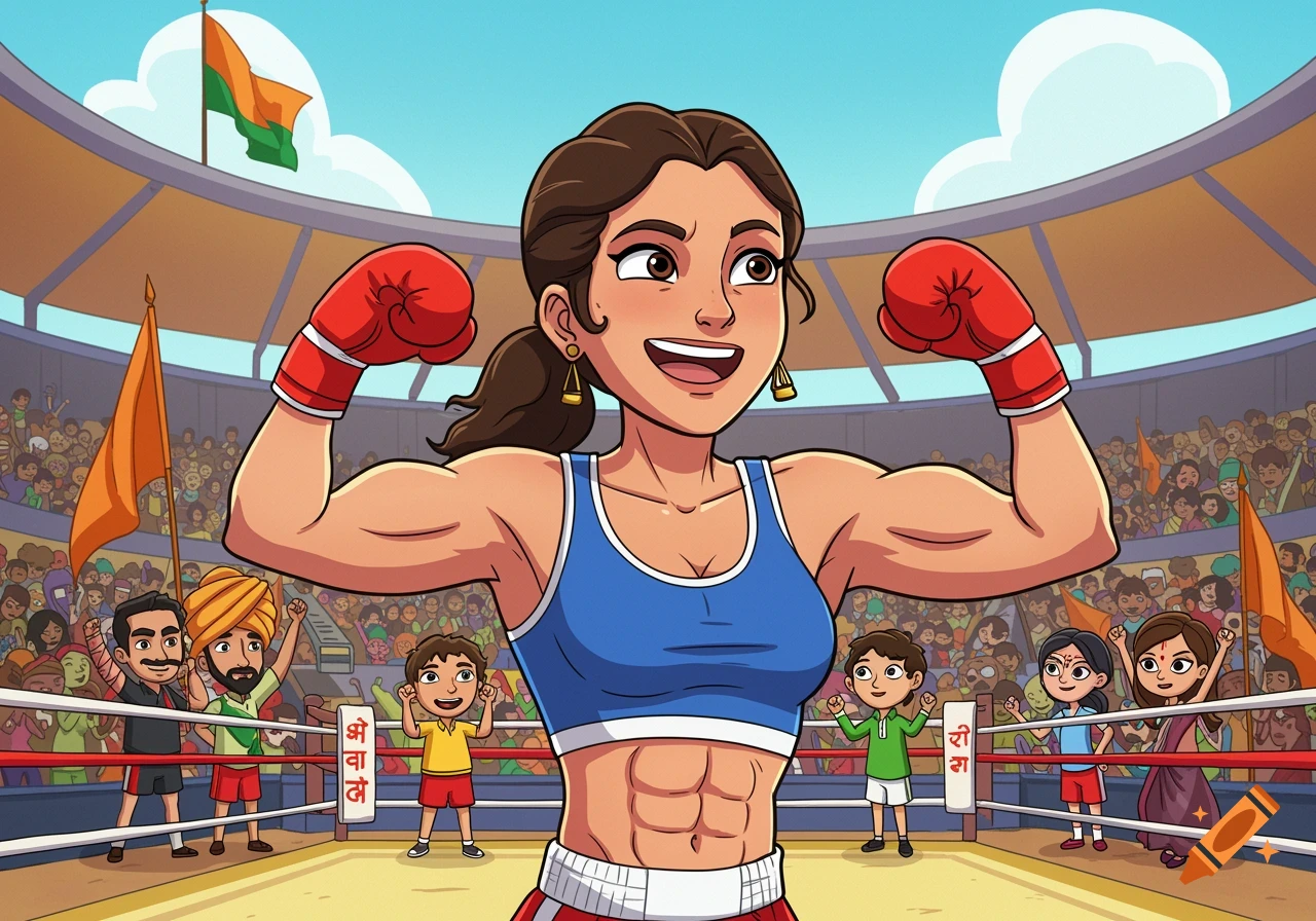 A cartoon female boxing champion in a blue sports bra and red gloves ...