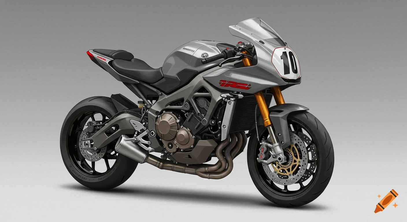 A sleek, silver modern sports motorcycle with gold accents and the ...