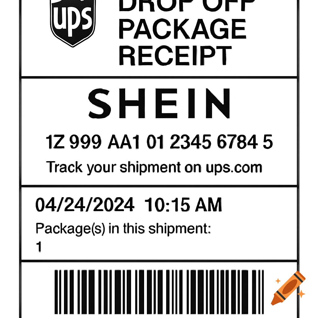 A UPS package drop-off receipt label for SheIn with tracking ...