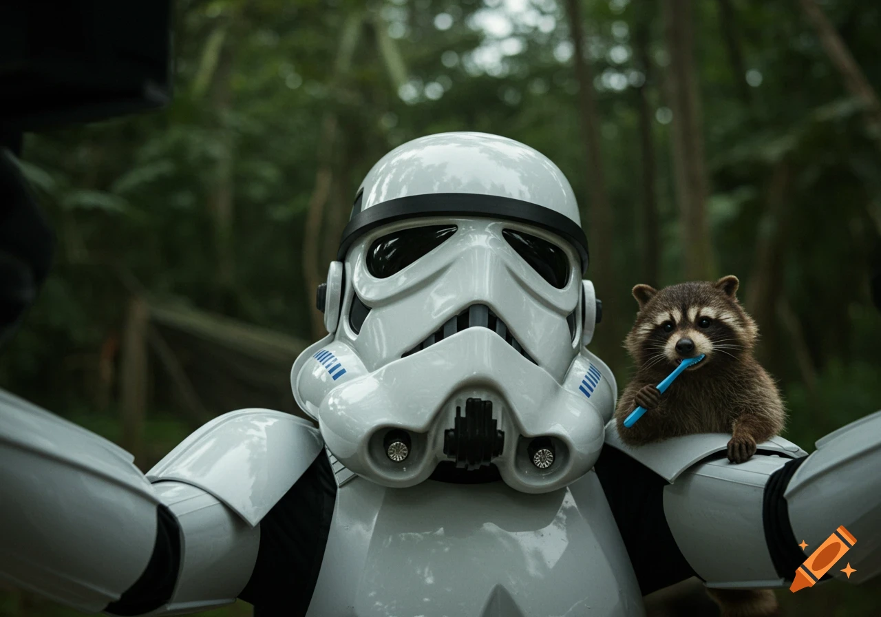 A stormtrooper helmet and shoulder armor with a small raccoon brushing ...
