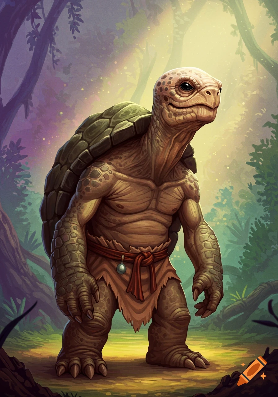 A bipedal turtle person with a shell and loincloth stands in a sunlit ...