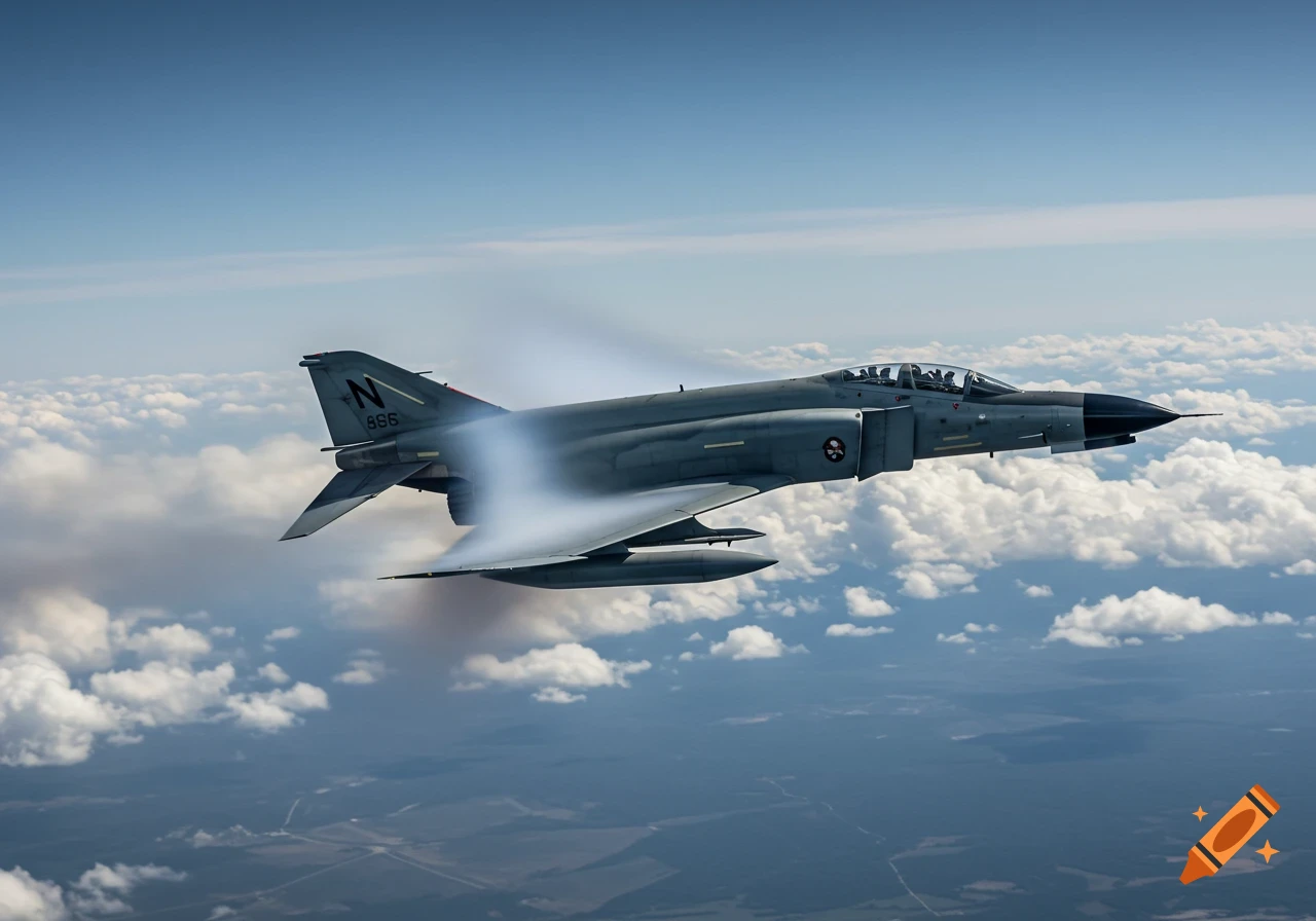 A grey F-4 Phantom jet flies through a bright blue sky with white ...
