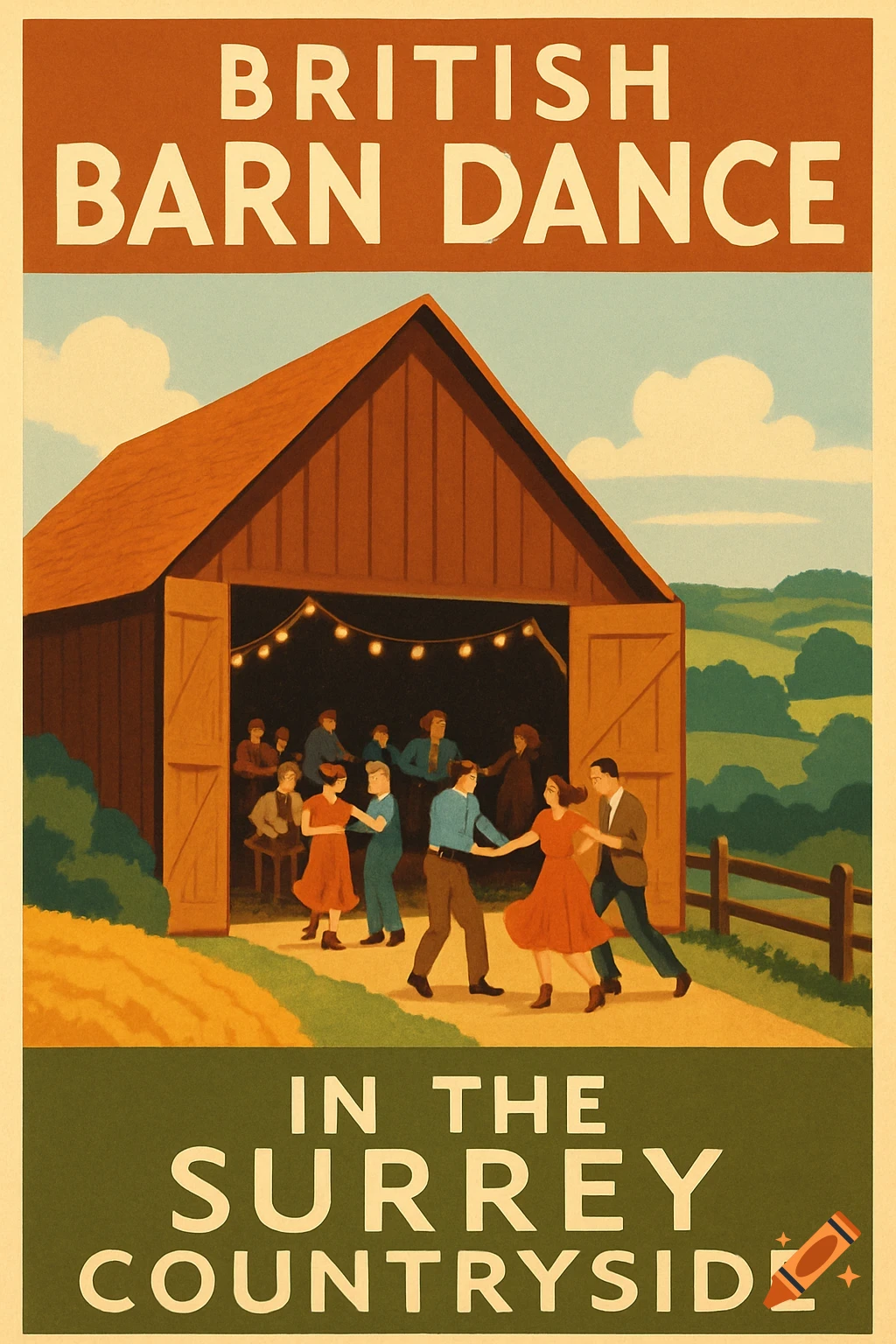 Vintage poster advertising a British barn dance in the Surrey countryside with people dancing ...