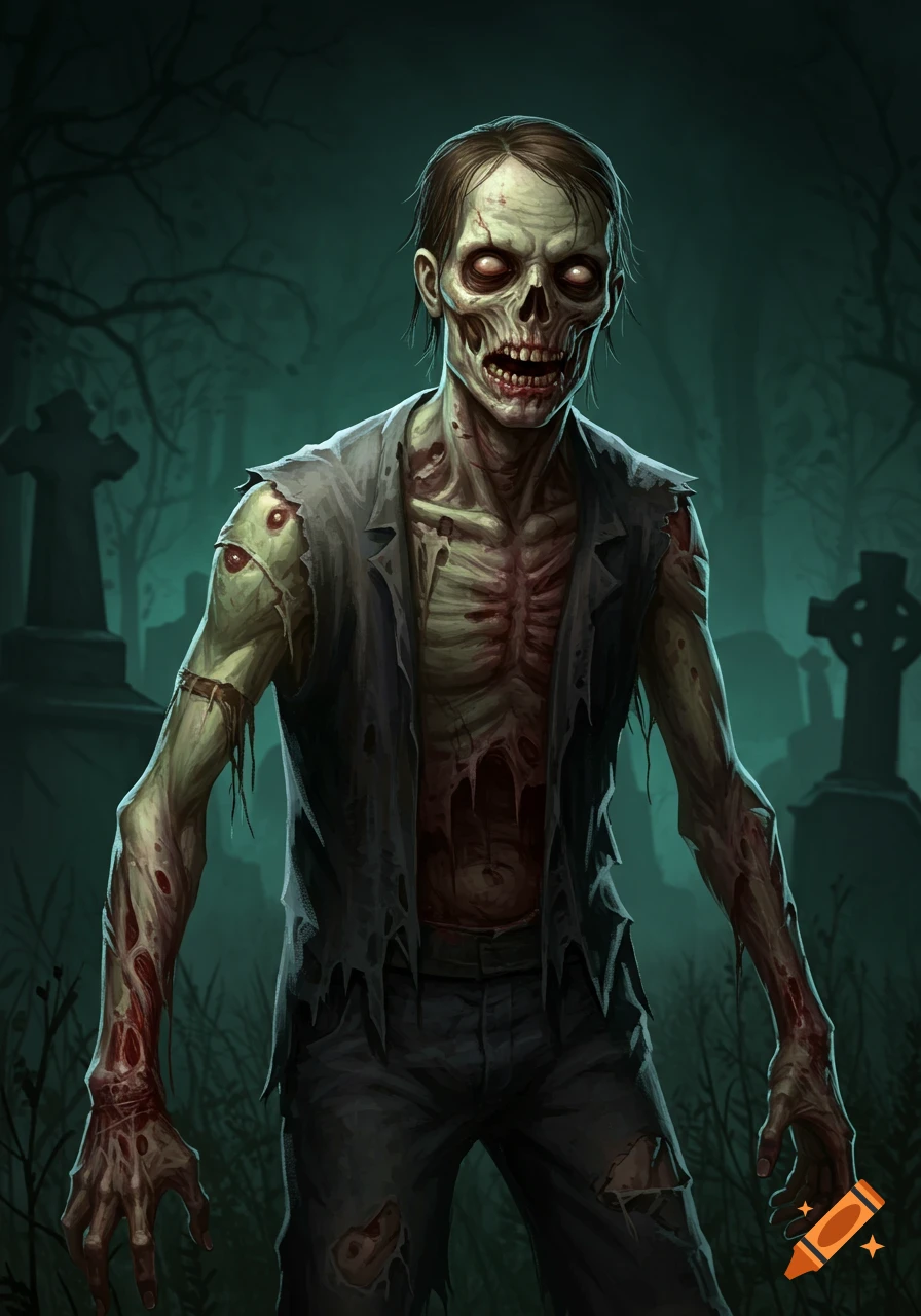 A gruesome zombie with rotting flesh and glowing eyes stands in a dark ...