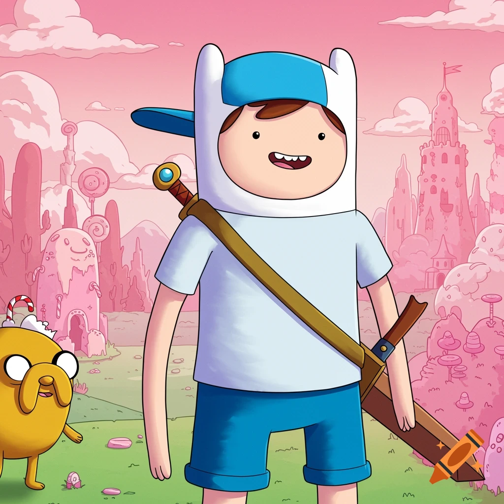 Finn and Jake from Adventure Time standing in a pink, candy-themed ...
