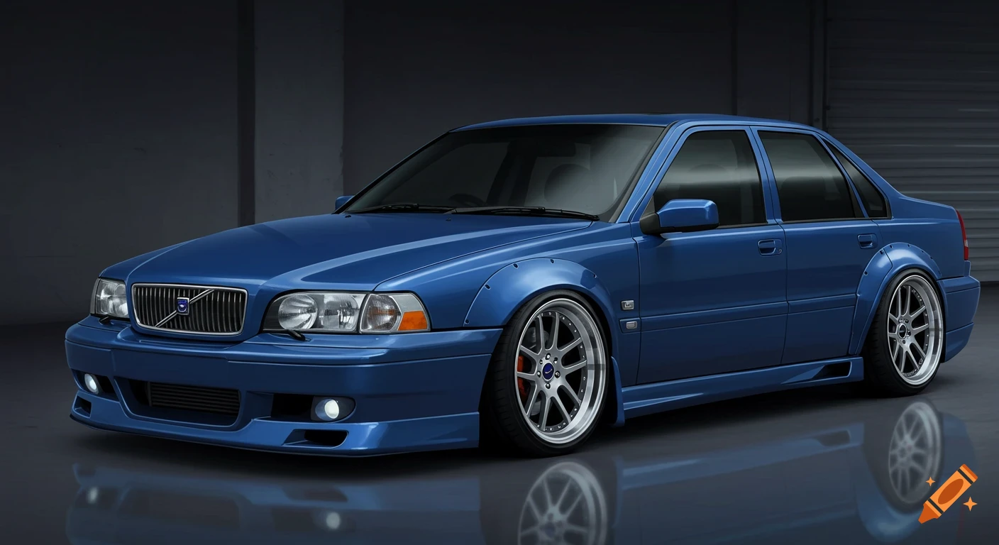 A blue 1990s Volvo S80 wide body sedan parked in a dark garage ...