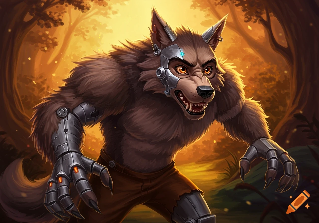 A furry cyborg werewolf with metal plating and glowing eyes stands in a ...
