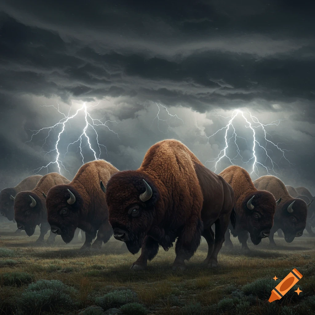 A herd of bison walks through a stormy field as lightning strikes in ...