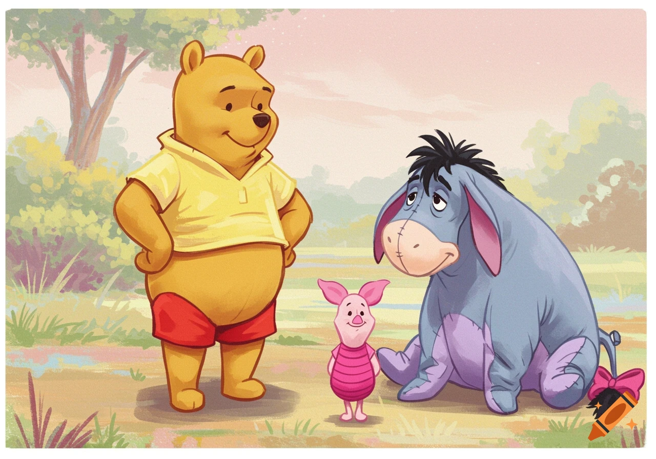 Winnie the Pooh, Piglet, and Eeyore stand together in a field under a ...