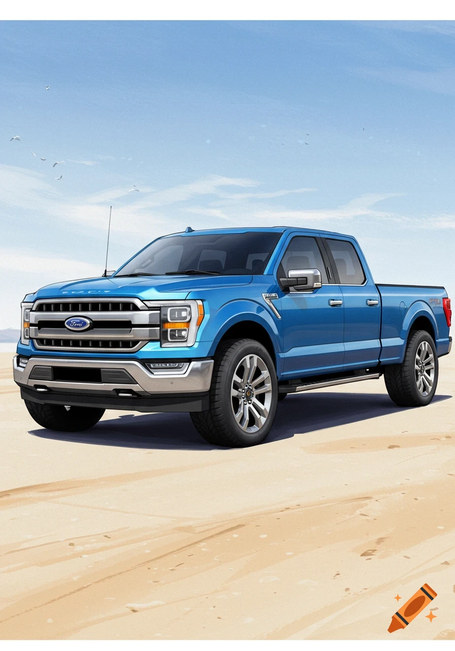 A detailed illustration of a blue Ford F-150 pickup truck parked on a ...
