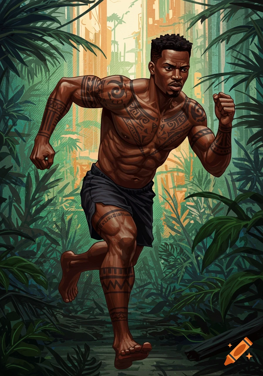 A strong, muscular Black man with tribal tattoos running through a ...