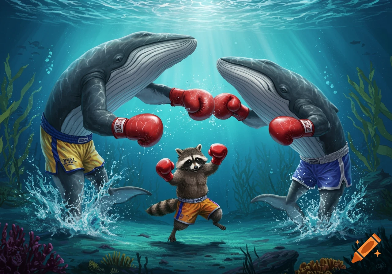 Two whales in boxing shorts and gloves fighting a raccoon in boxing ...
