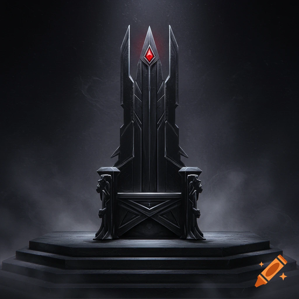 A dark, imposing throne with sharp angles and a glowing red gem at its ...