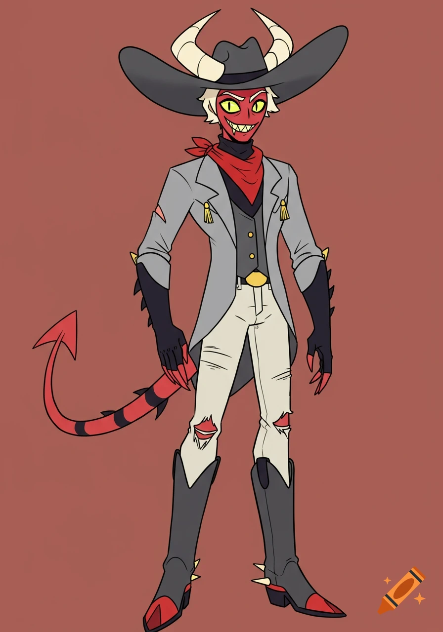A cartoon imp character with red skin, horns, and a striped tail ...