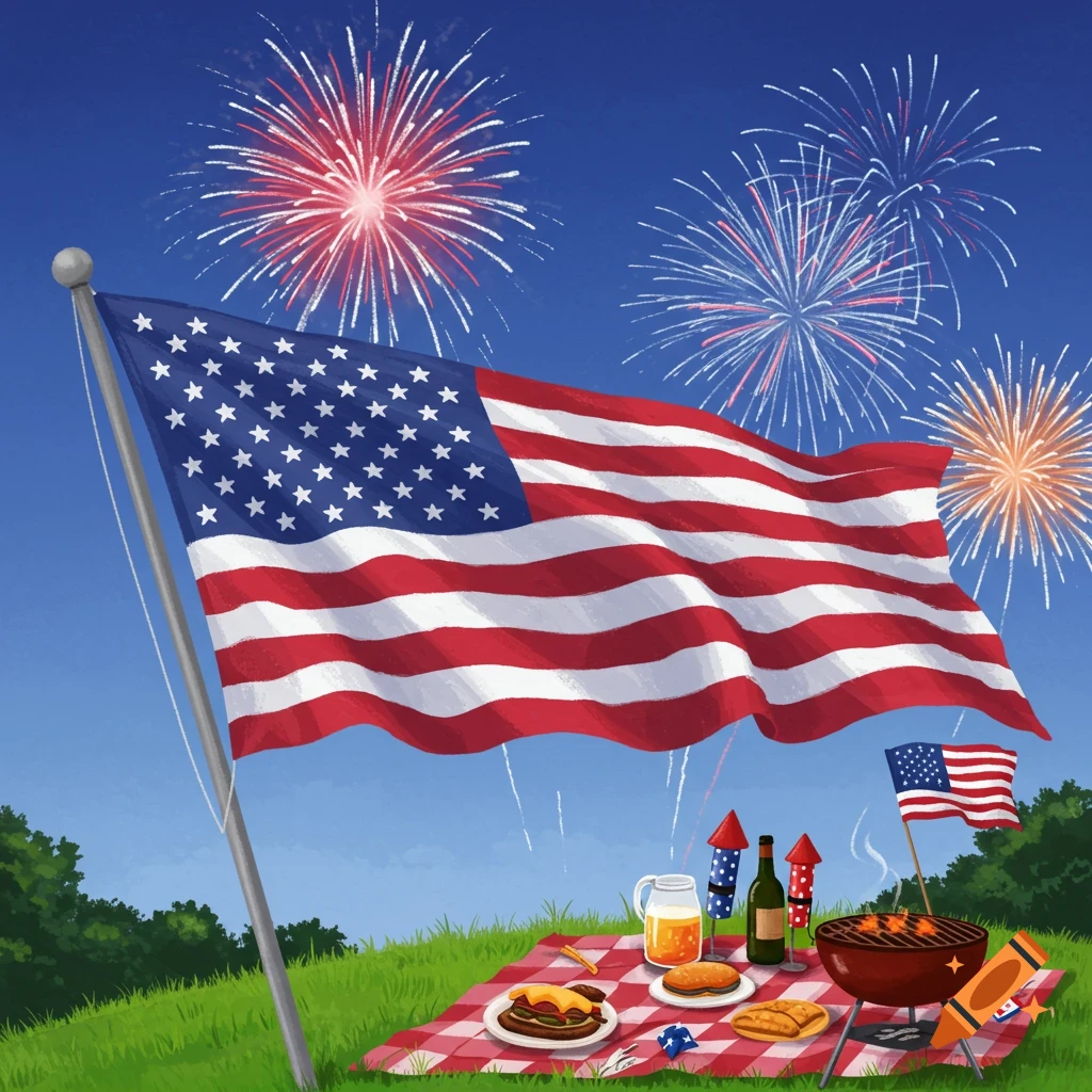 An illustration of a Fourth of July celebration with an American flag ...