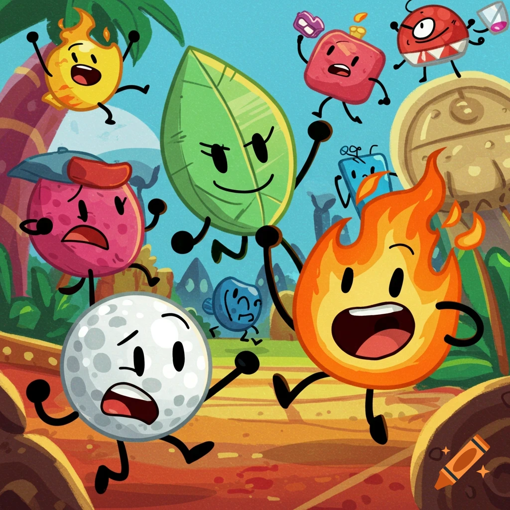 Cartoon characters resembling objects like a flame, leaf, and golf ball ...