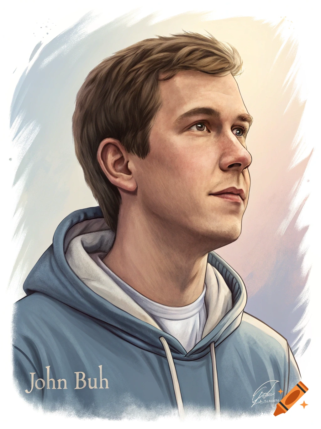 A detailed digital painting of a young man named John Buh in a blue ...
