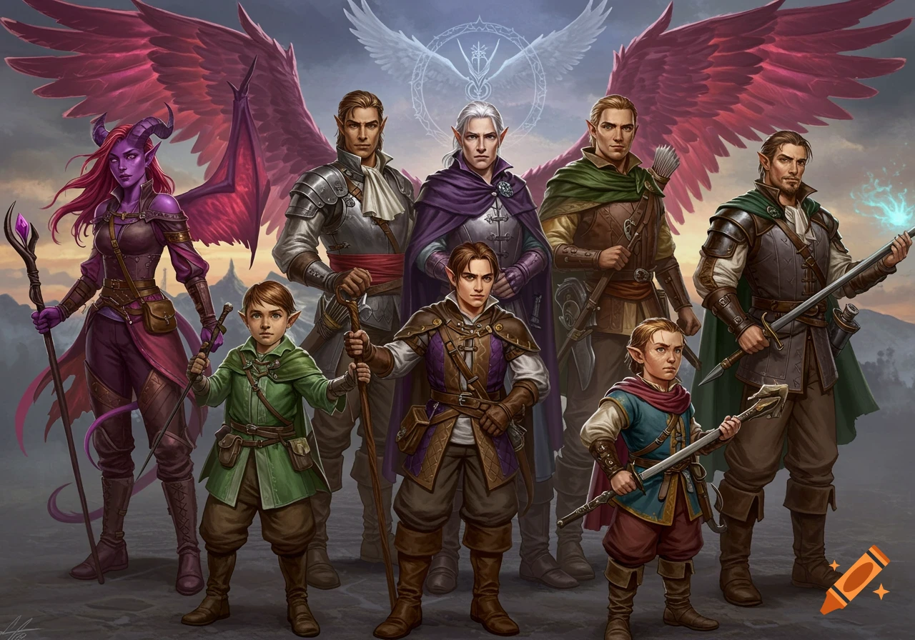 A diverse group of fantasy heroes, including a winged purple tiefling ...