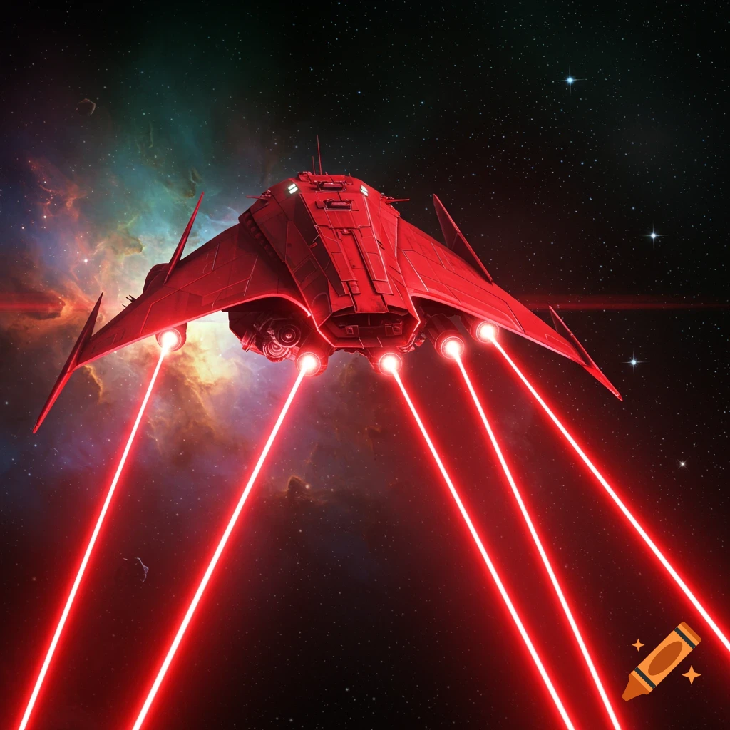 A red spaceship with broad wings shoots four bright red lasers into ...