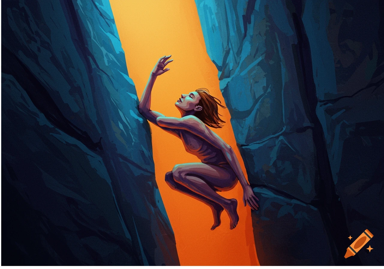 Stylized digital painting of a person wedged between dark rocks ...