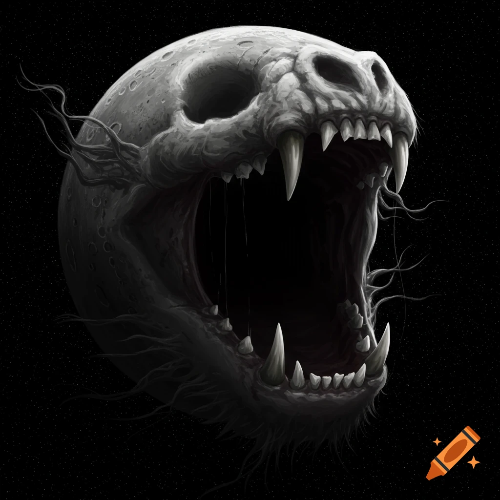 A dark, monstrous moon with a skull-like face and jagged teeth, its ...