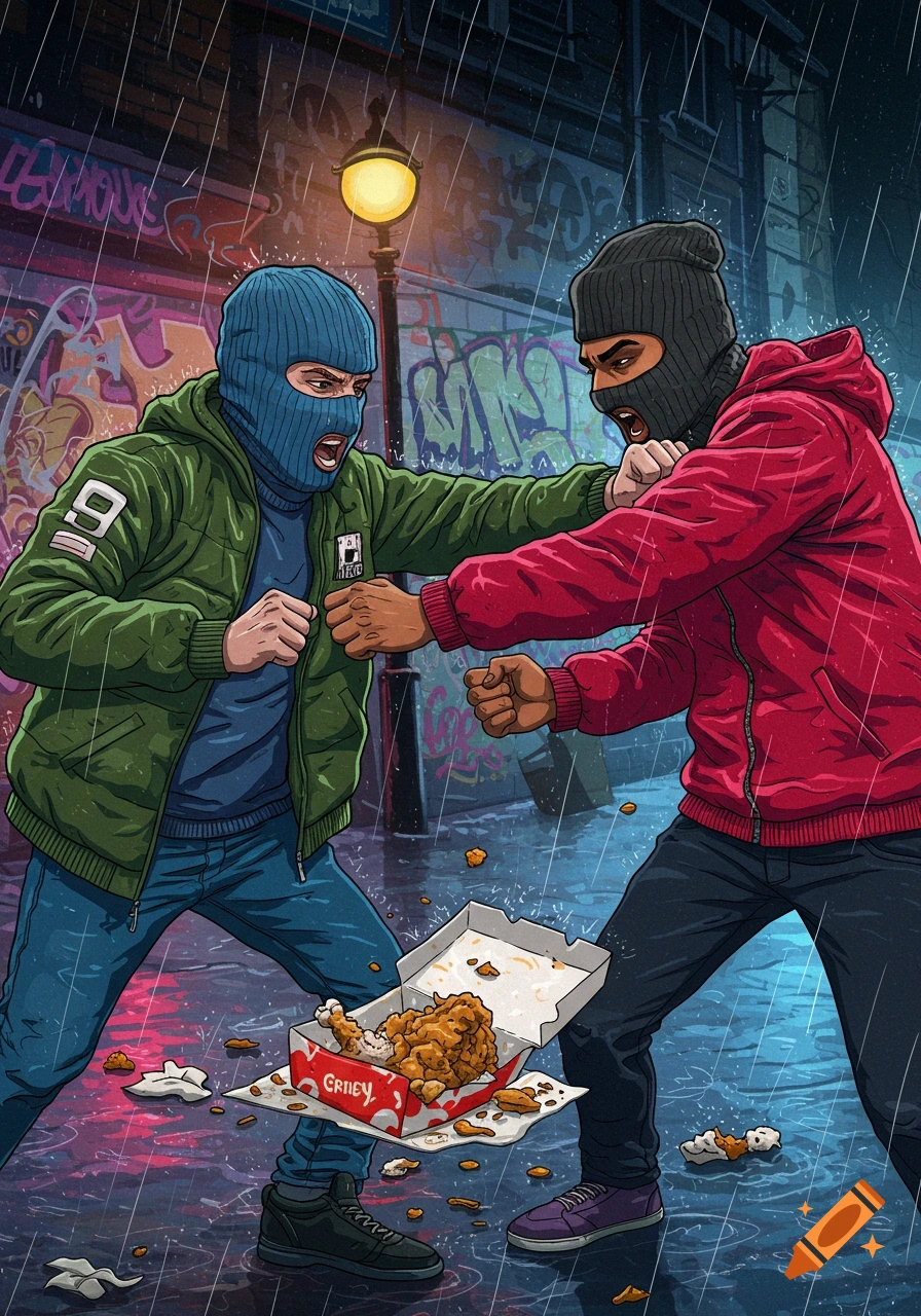 Comic art illustration of two masked men fighting over a fried chicken ...
