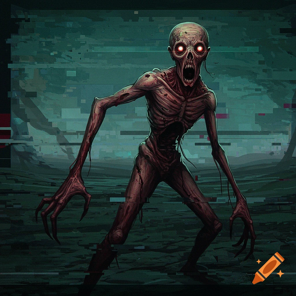 A monstrous, emaciated creature with glowing red eyes, an open mouth ...