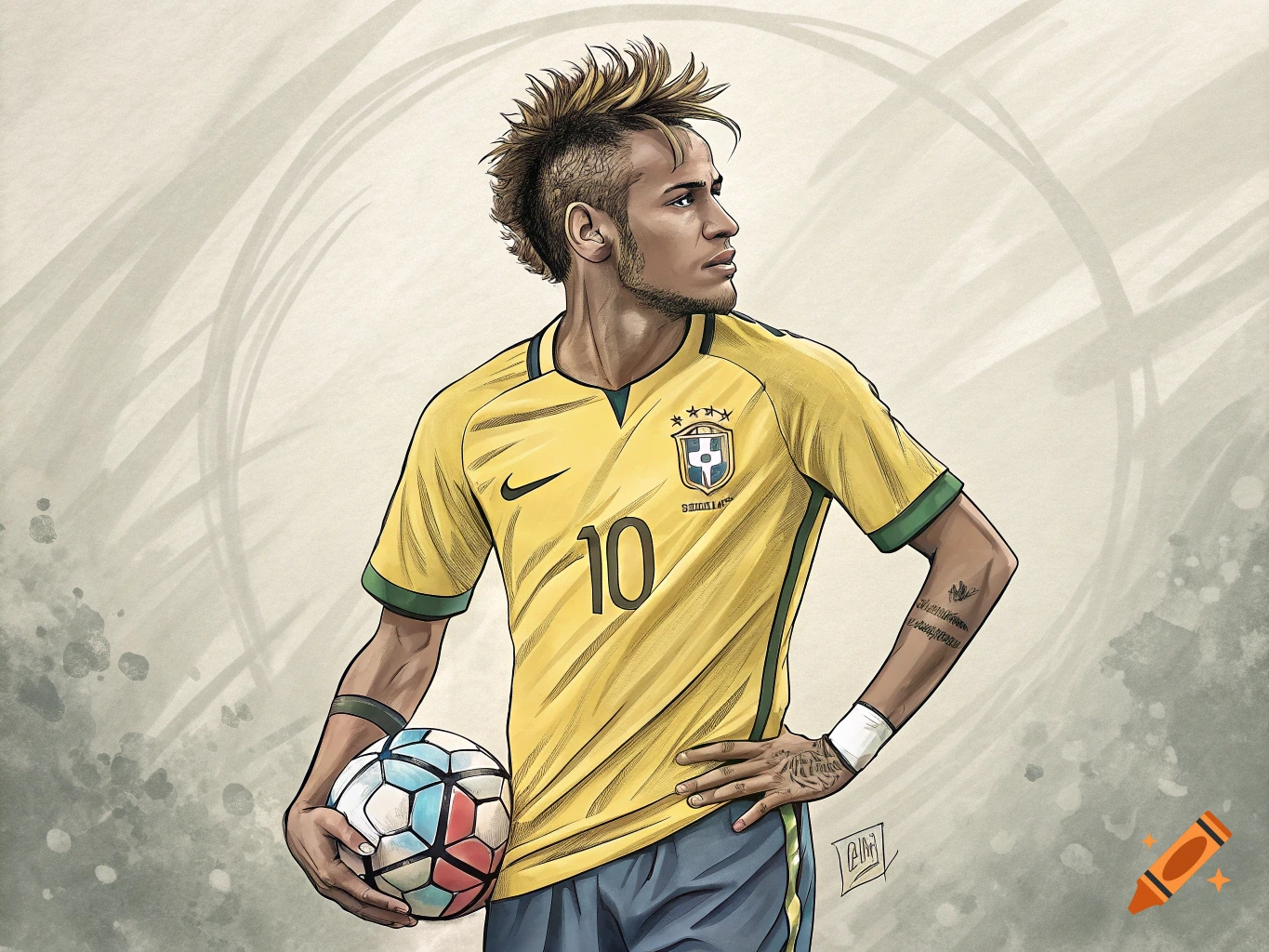 Stylized illustration of Brazilian soccer player Neymar in a yellow and ...