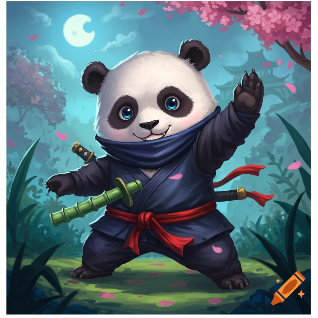 A cute cartoon panda ninja holding a bamboo sword in a moonlit forest ...