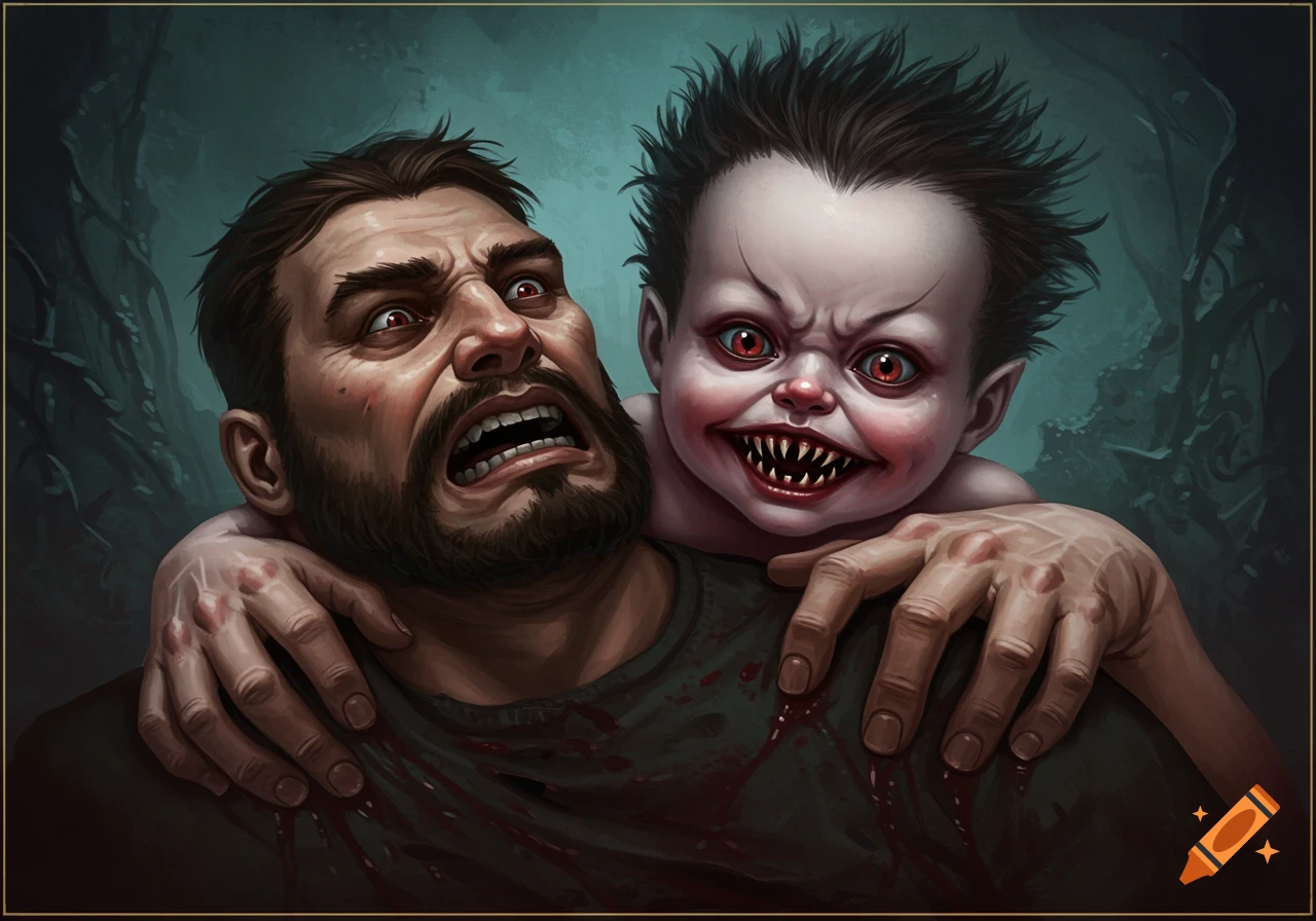A terrified man with blood on his shirt is clutched by a monstrous ...