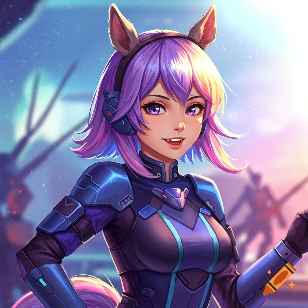 Anime girl with purple hair, animal ears, and sci-fi armor, smiling in ...