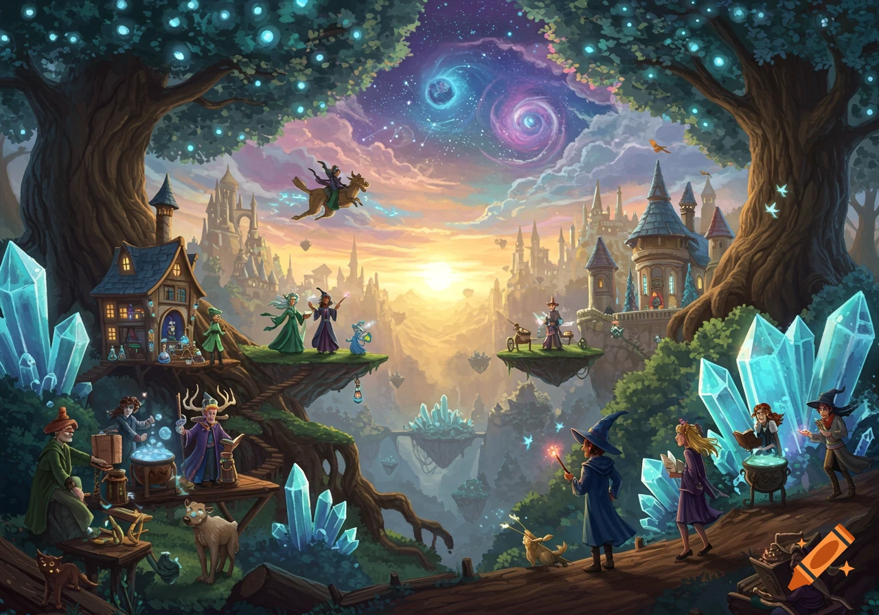A vibrant fantasy landscape depicting a wizarding society with castles ...