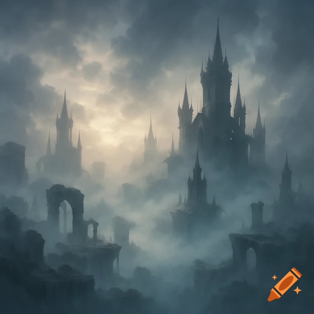 A mysterious fantasy landscape with towering gothic castles and ...