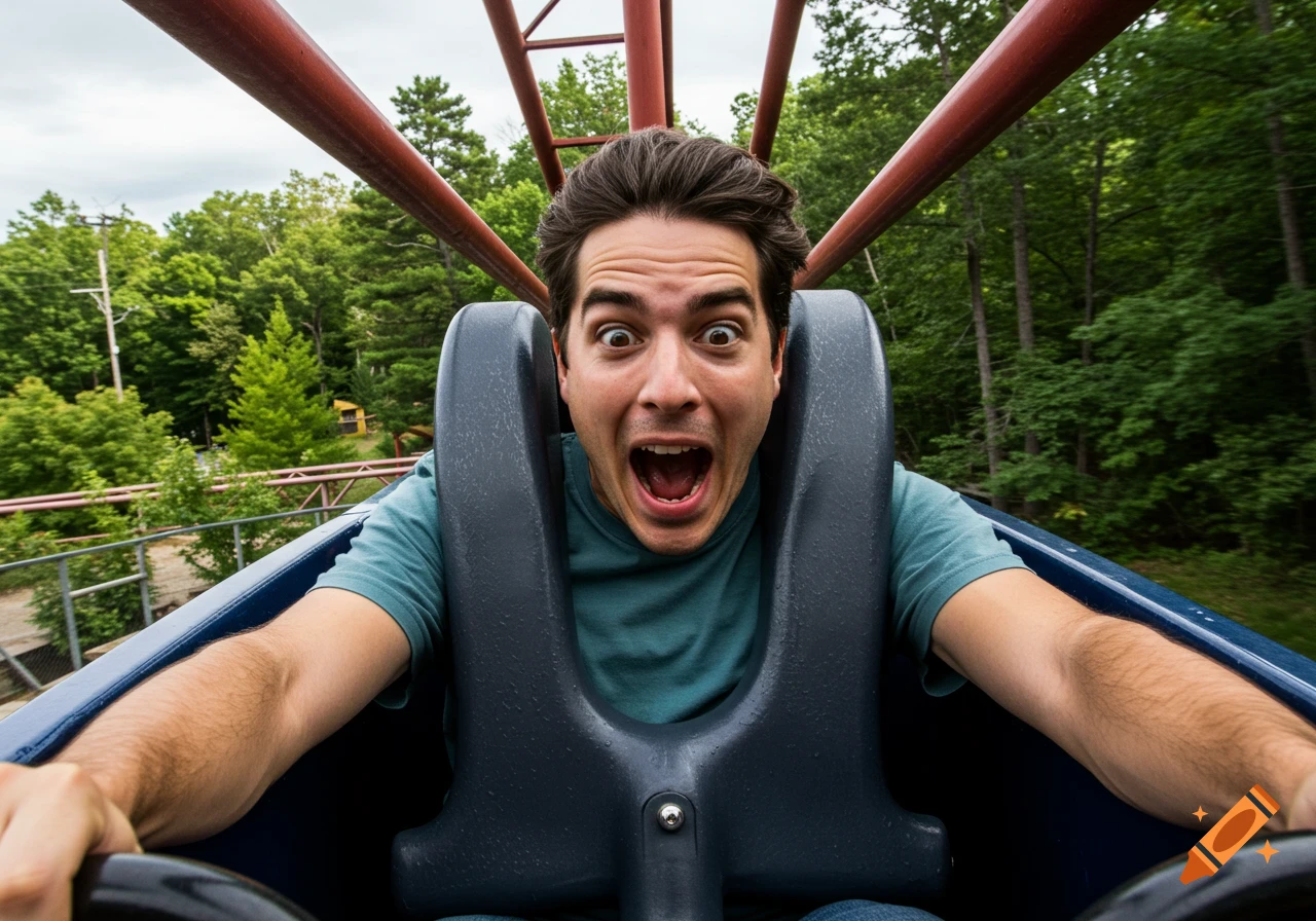 Man with wide eyes and open mouth on a roller coaster, gripping the safety bar, looking directly ...