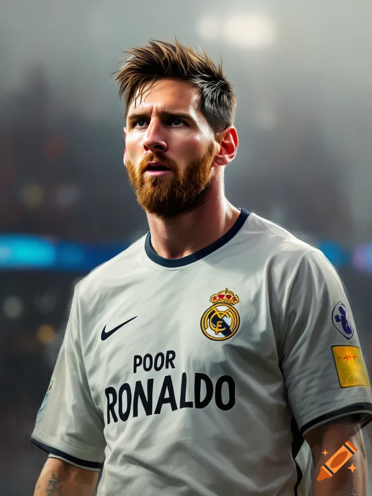 Photorealistic portrait of Lionel Messi in a white Real Madrid jersey ...