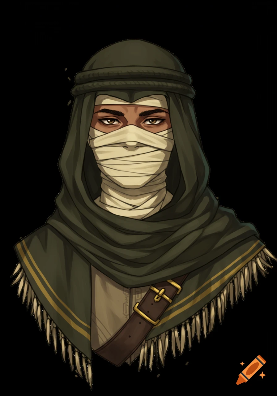 Bust illustration of a bishounen-style bedouin man with a green ...