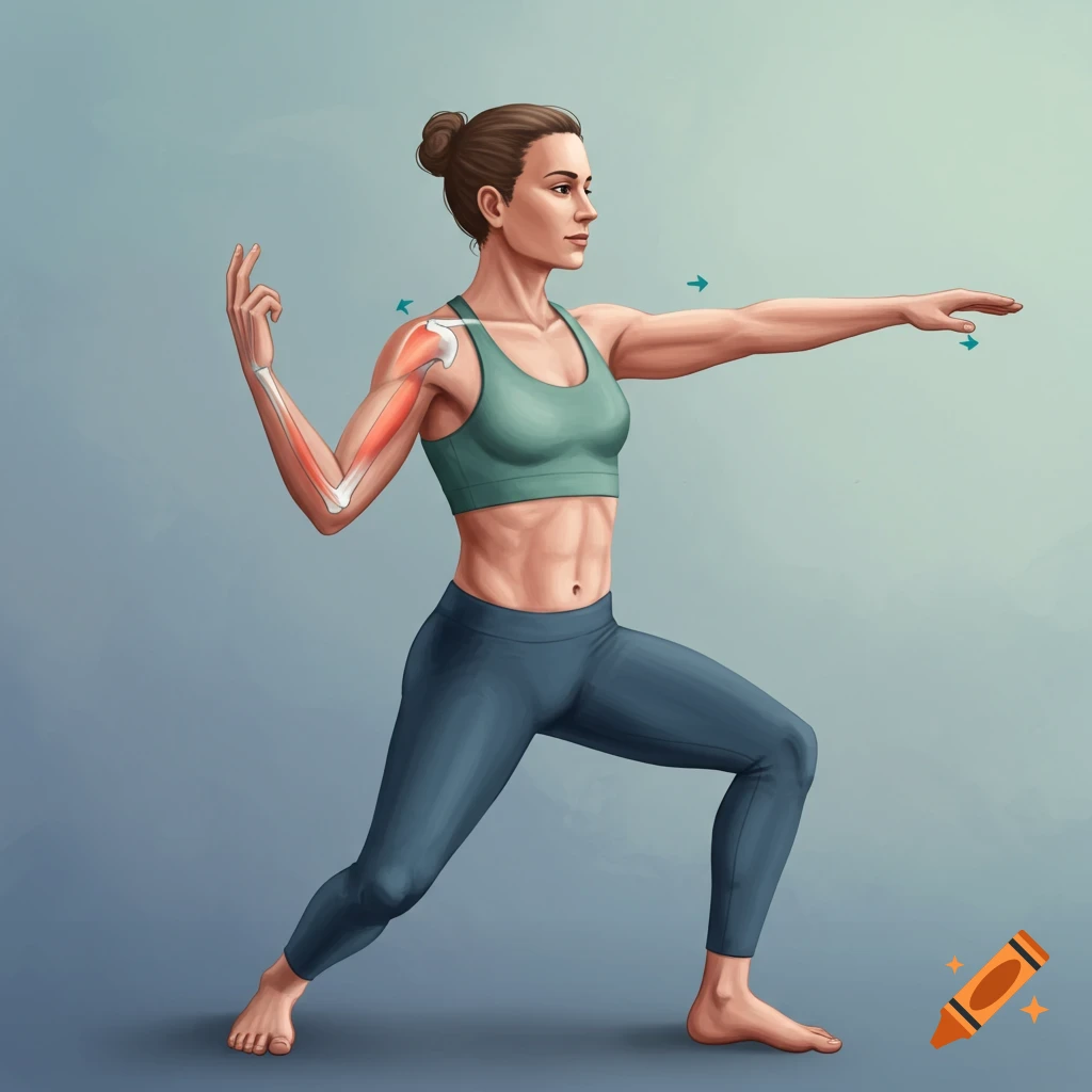 Illustration of a woman in a lunge, demonstrating a shoulder exercise ...