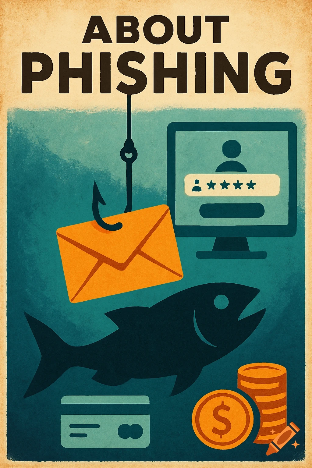 A vintage-style poster illustrating 'About Phishing' with a fishing ...