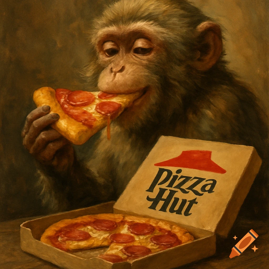 A monkey holds and eats a slice of pepperoni pizza from an open Pizza ...