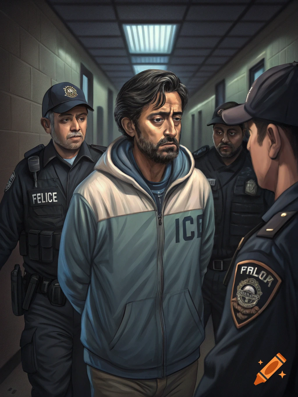 A solemn man with a beard is being escorted by three police officers in ...