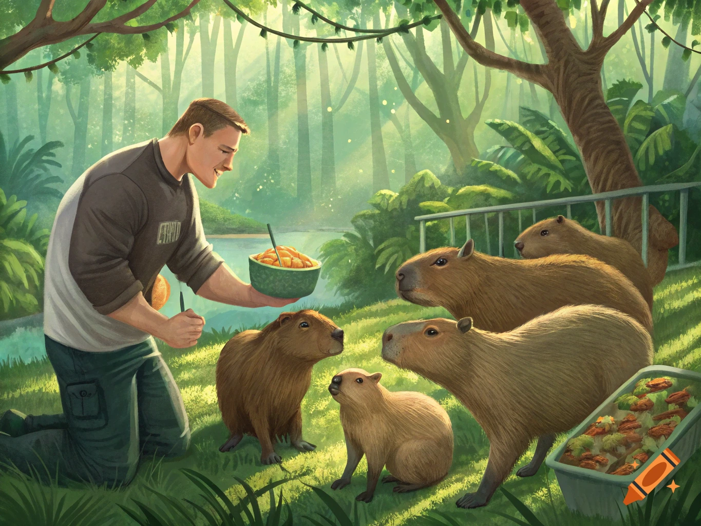 An illustration of a man kneeling in a sunlit forest, feeding a group ...