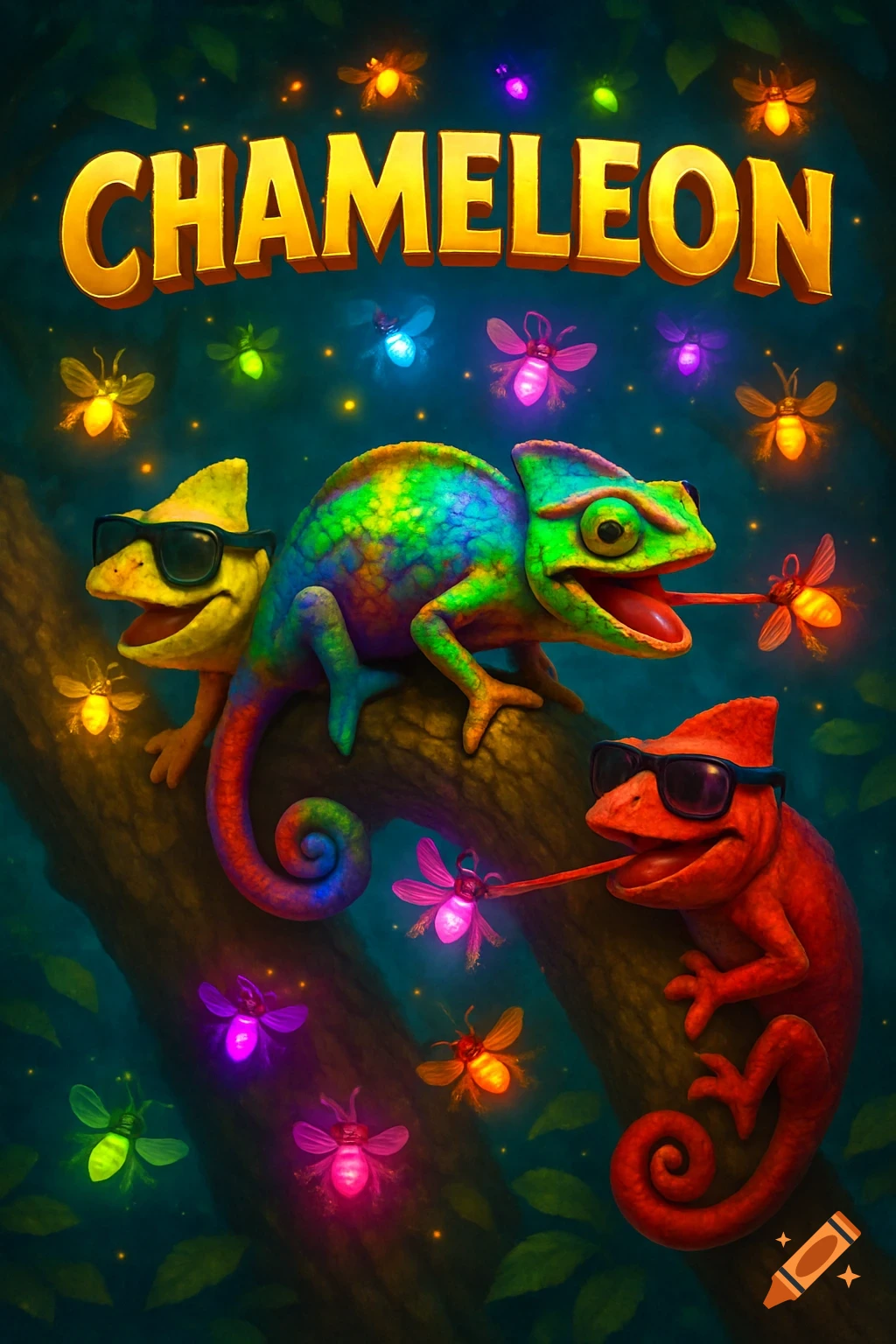 Three colorful chameleons in sunglasses on a tree branch, catching ...
