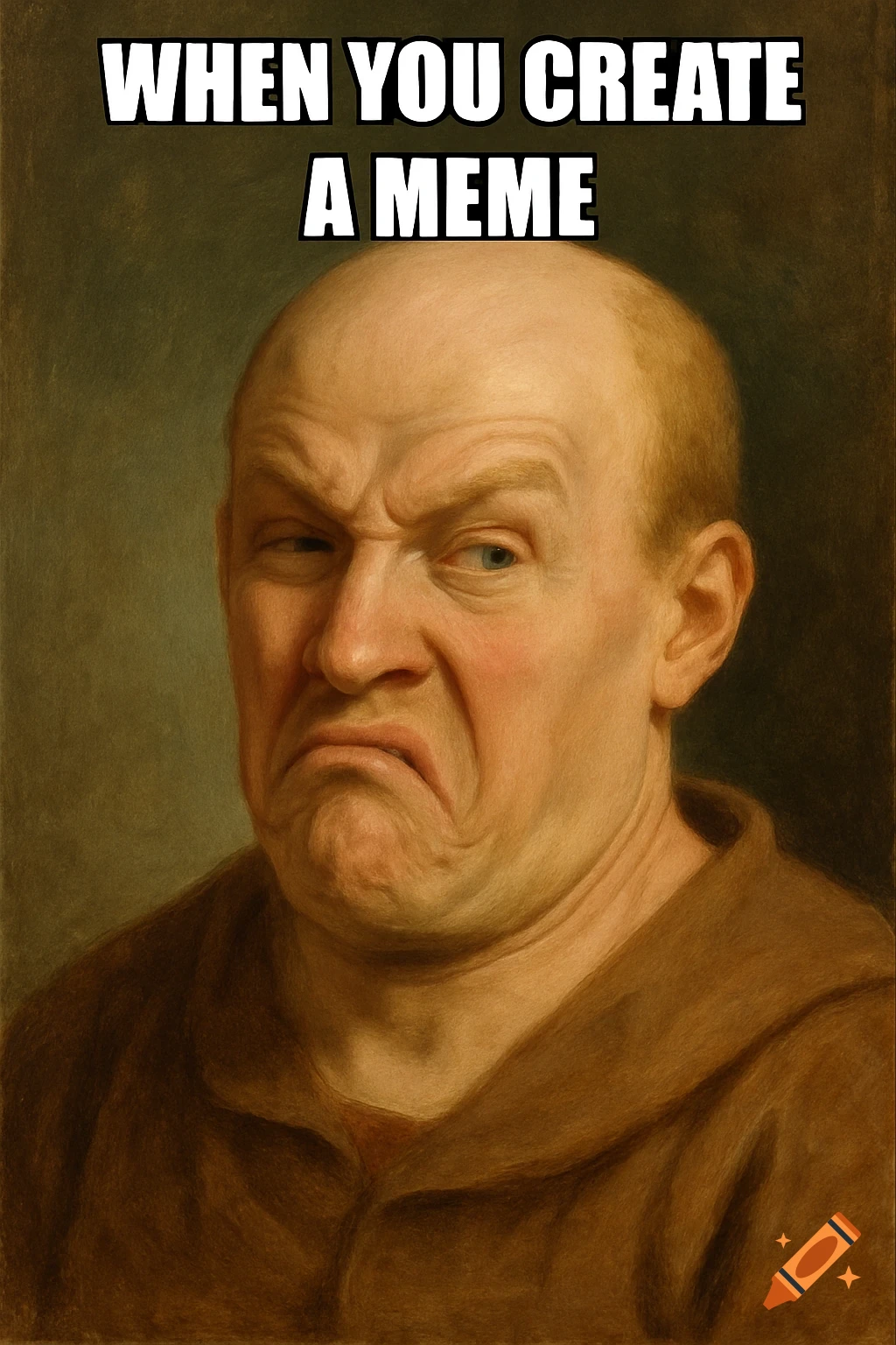 Painting of a bald man with a disgusted expression and text reading ...