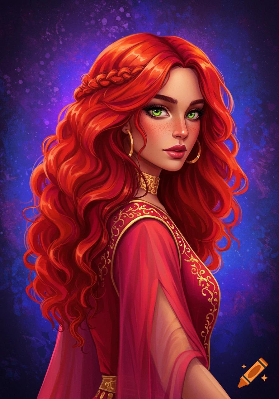 Stylized portrait of a beautiful woman with long, flowing red hair and piercing green eyes ...