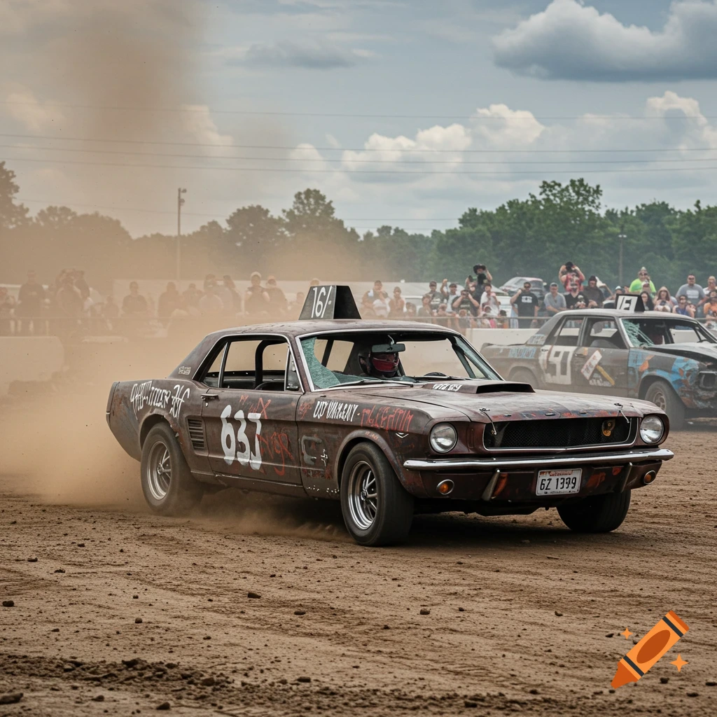 A rusty Ford Mustang demolition derby car with the number 633 kicks up ...