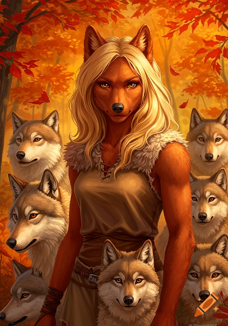 A blonde wolfwoman stands with a pack of wolves in a vibrant autumn ...
