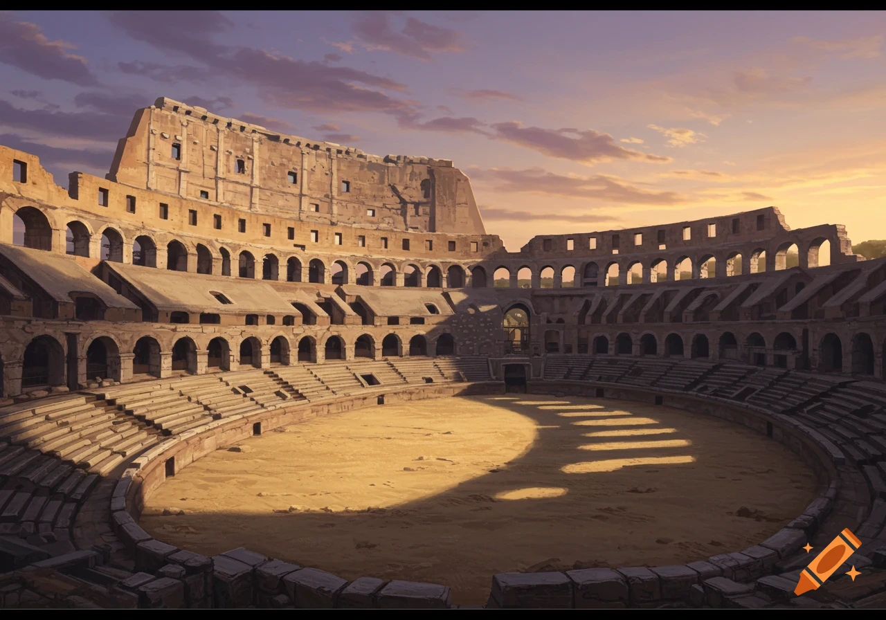 An empty Roman Colosseum bathed in warm sunset light, showing its ...